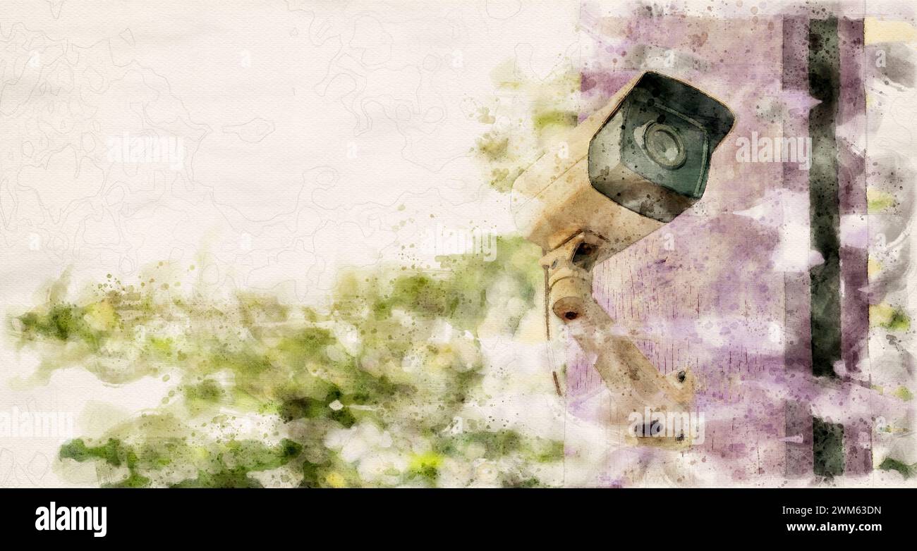 Artificial painting of traditional surveillance camera installed at the ...