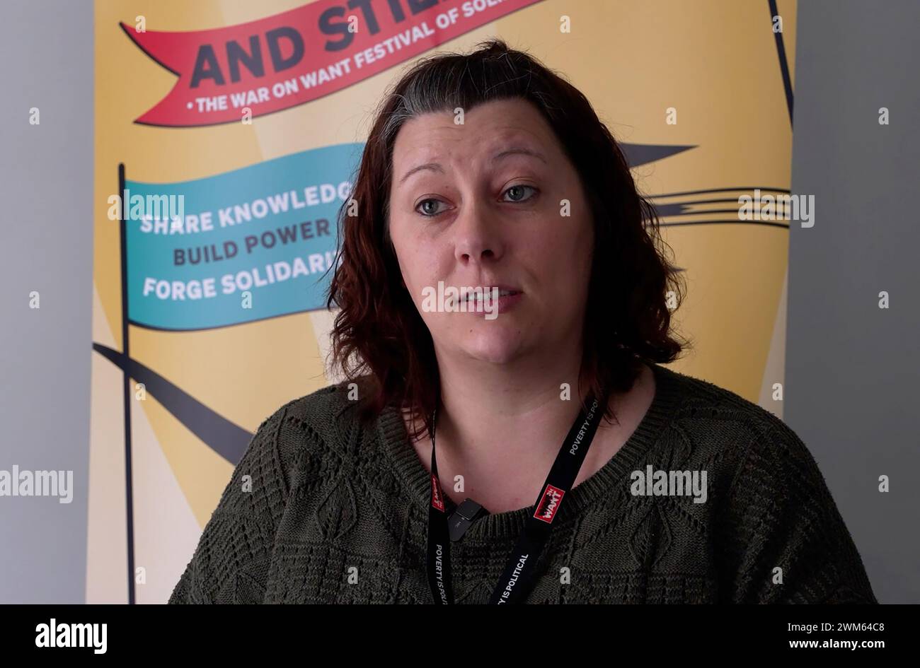Screen grab taken from PA video of Sarah Wooley speaking at War on Want ...