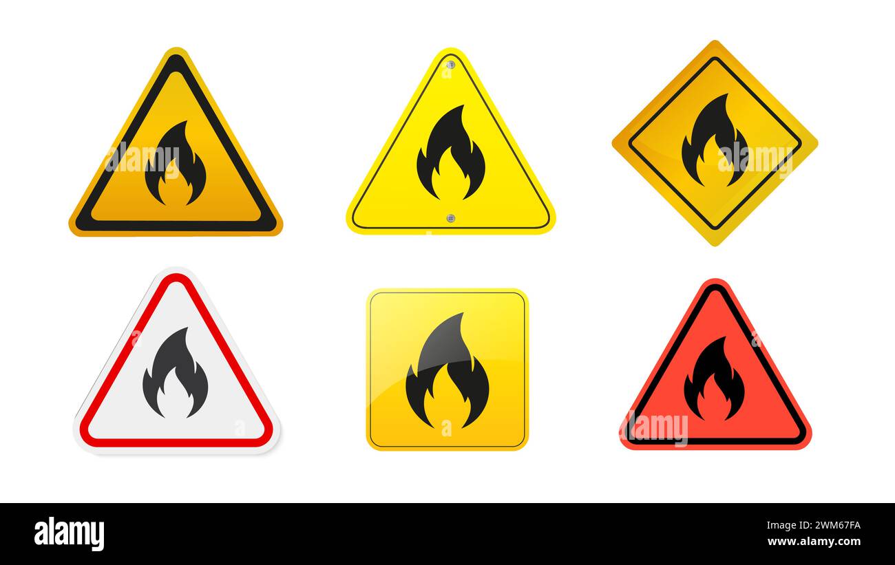 Fire warning signs. Hazard icon in yellow triangle . Flammable ...