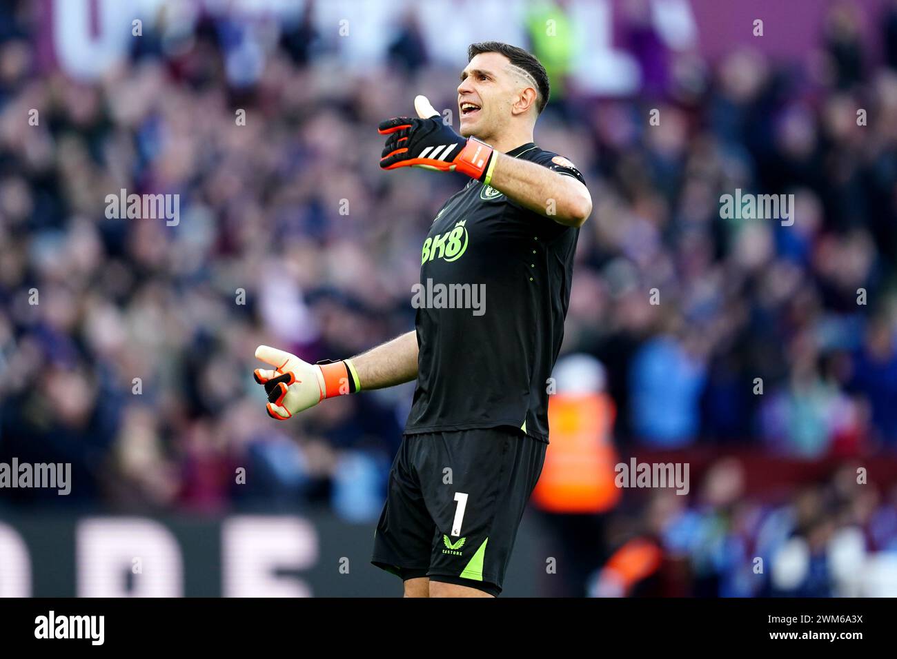 Aston Villa goalkeeper Emiliano Martinez celebrates their side's fourth ...