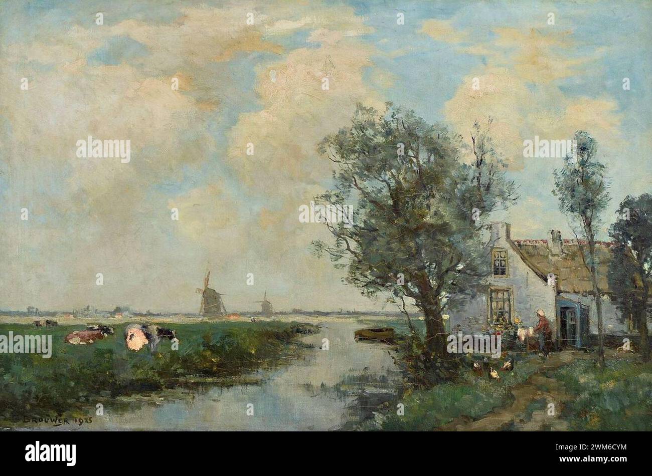 Berend Jan Brouwer - Dutch landscape with cows, farmhouse and windmill ...