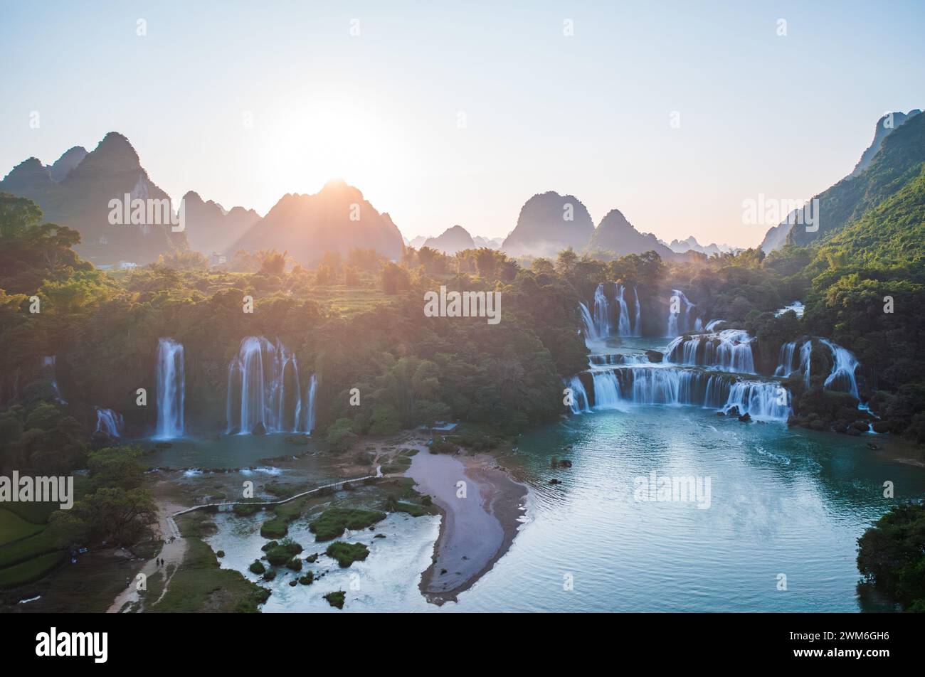 Aerial view of Ban Gioc Detian waterfall in Vietnam China border in ...
