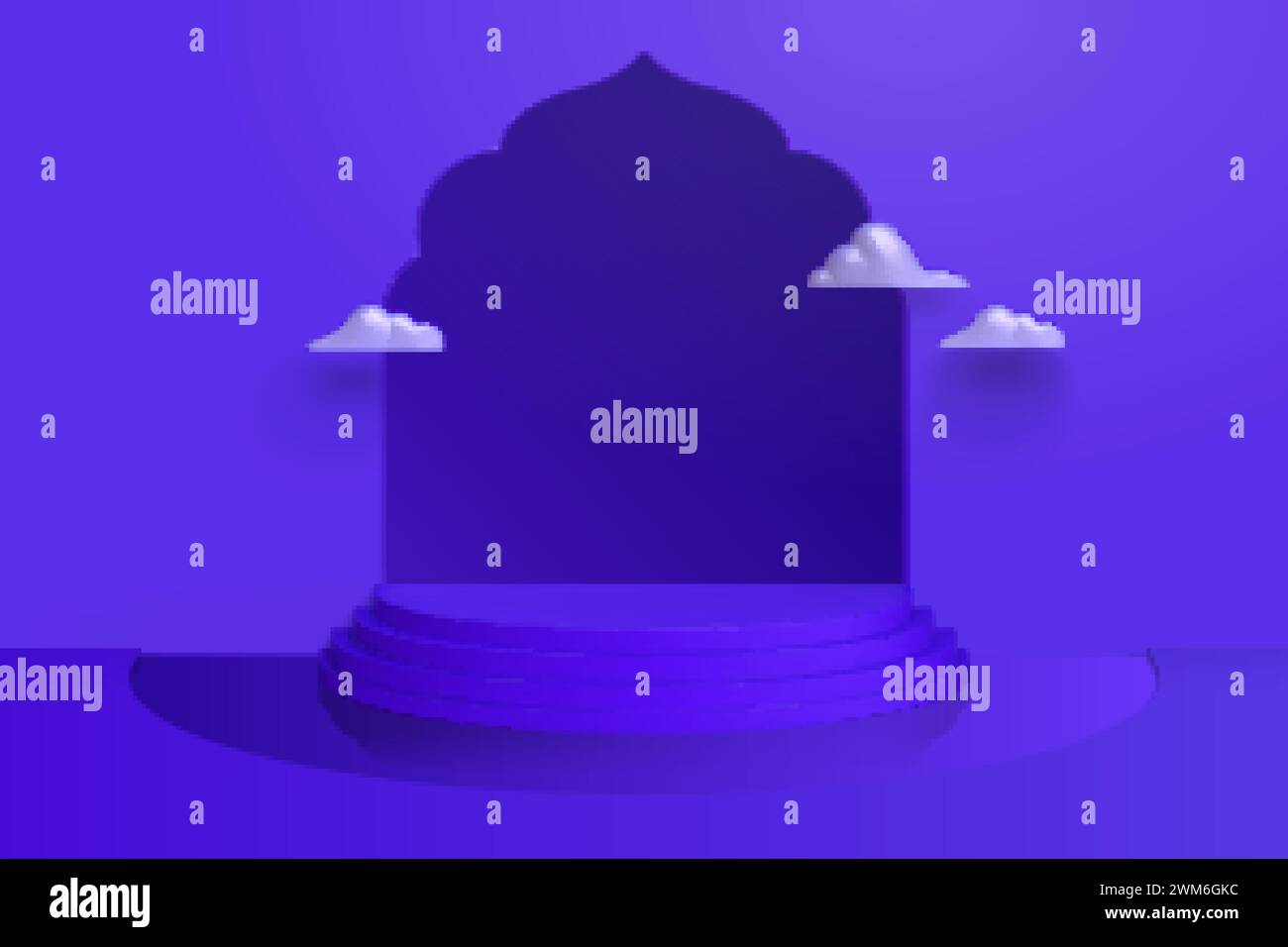 3d indigo blue monotone background with stairs and Arabic dome gate ...
