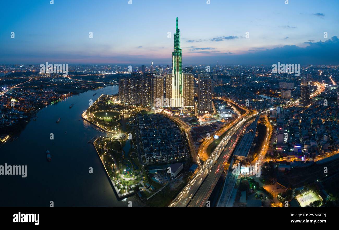 Aerial view of Landmark 81 in Ho Chi Minh city in blue hour Stock Photo ...