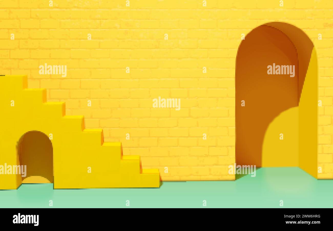3d trendy scene design of yellow brick wall, arches and stairs ...