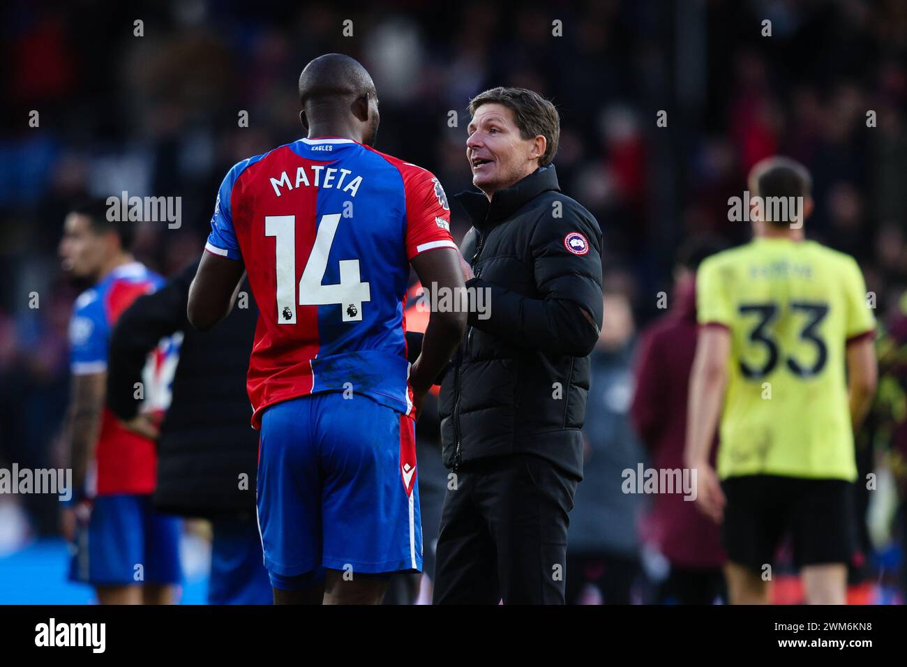 LONDON, UK - 24th Feb 2024: Crystal Palace manager Oliver Glasner talks ... LONDON, UK - 24th Feb 2024: Crystal Palace manager Oliver Glasner talks ...