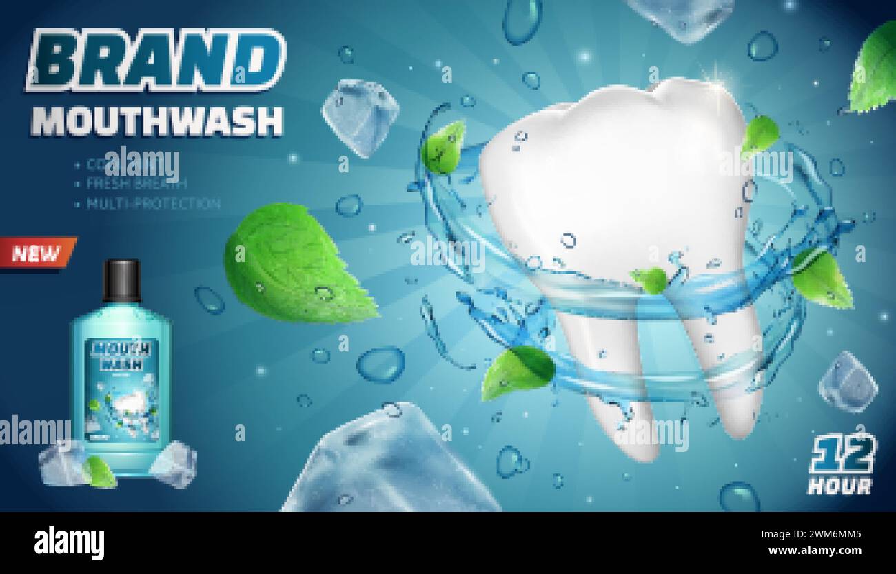 Cool mint mouthwash ads with flying mints, ice cubes and splashing ...