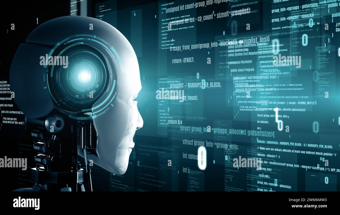 XAI 3d illustration Futuristic robot artificial intelligence huminoid AI programming coding ...