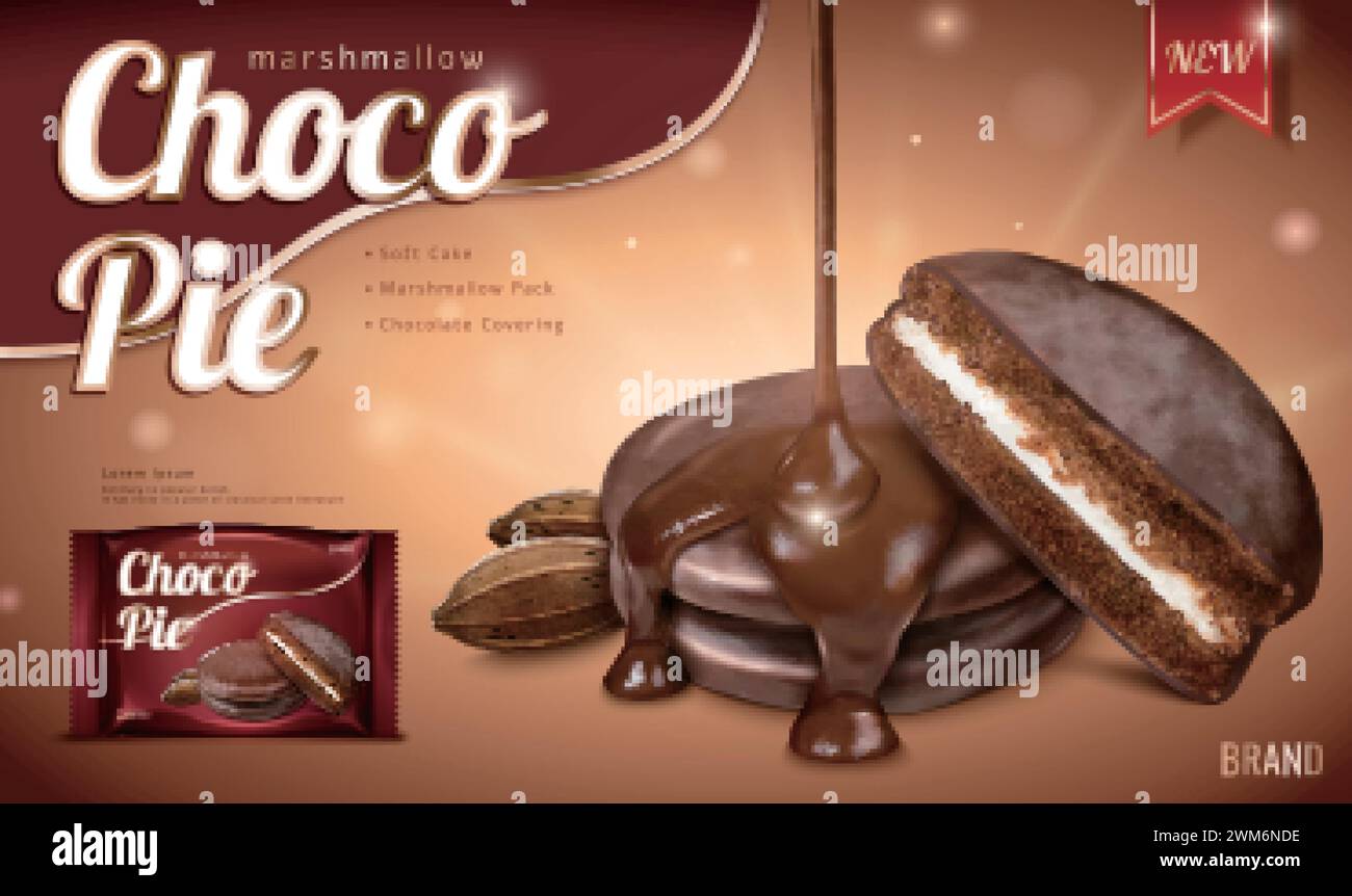 Choco pie ads with dripping chocolate syrup and foil package template ...