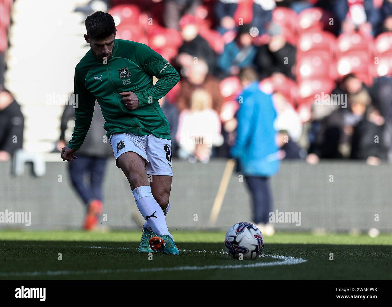 Joe Edwards of Plymouth Argyle warming up during the Sky Bet ...