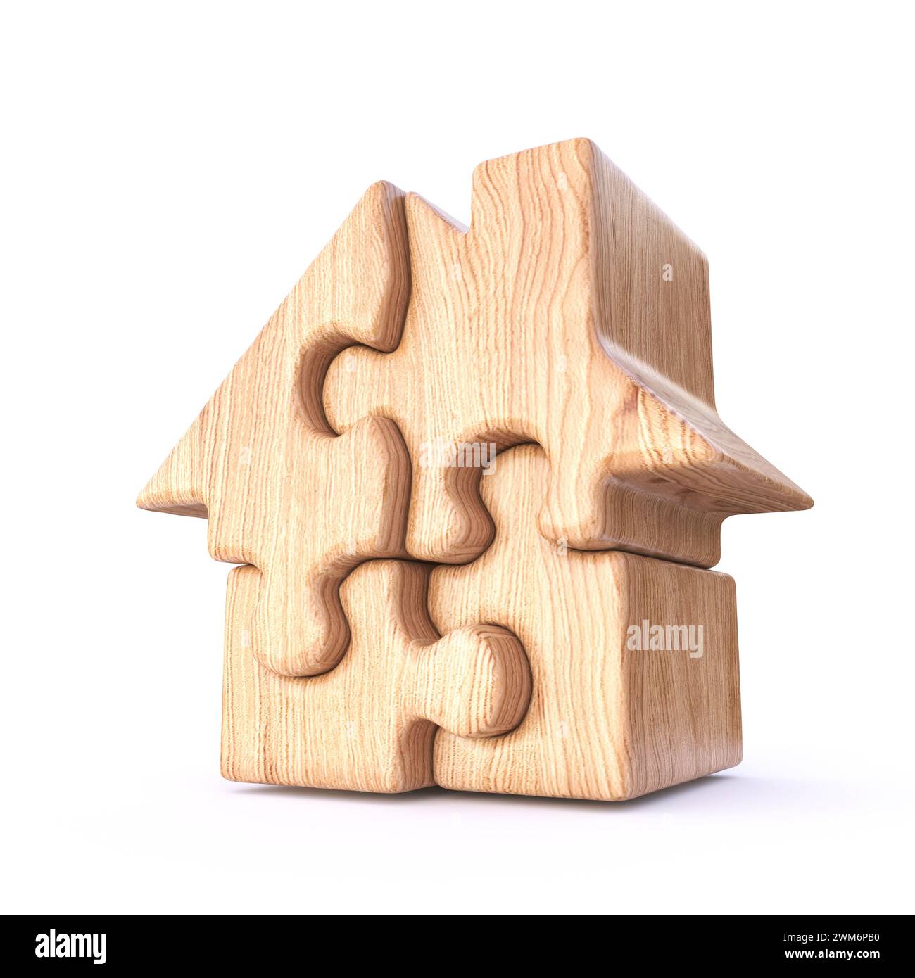 Small house made of wooden jigsaw puzzles 3D rendering illustration ...