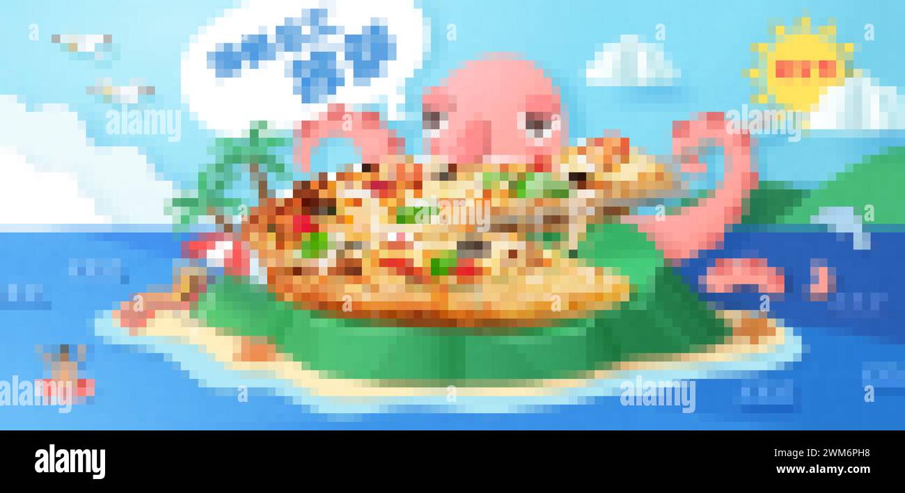 Seafood pizza ad with cute octopus enjoying the tasty pizza, 3d ...