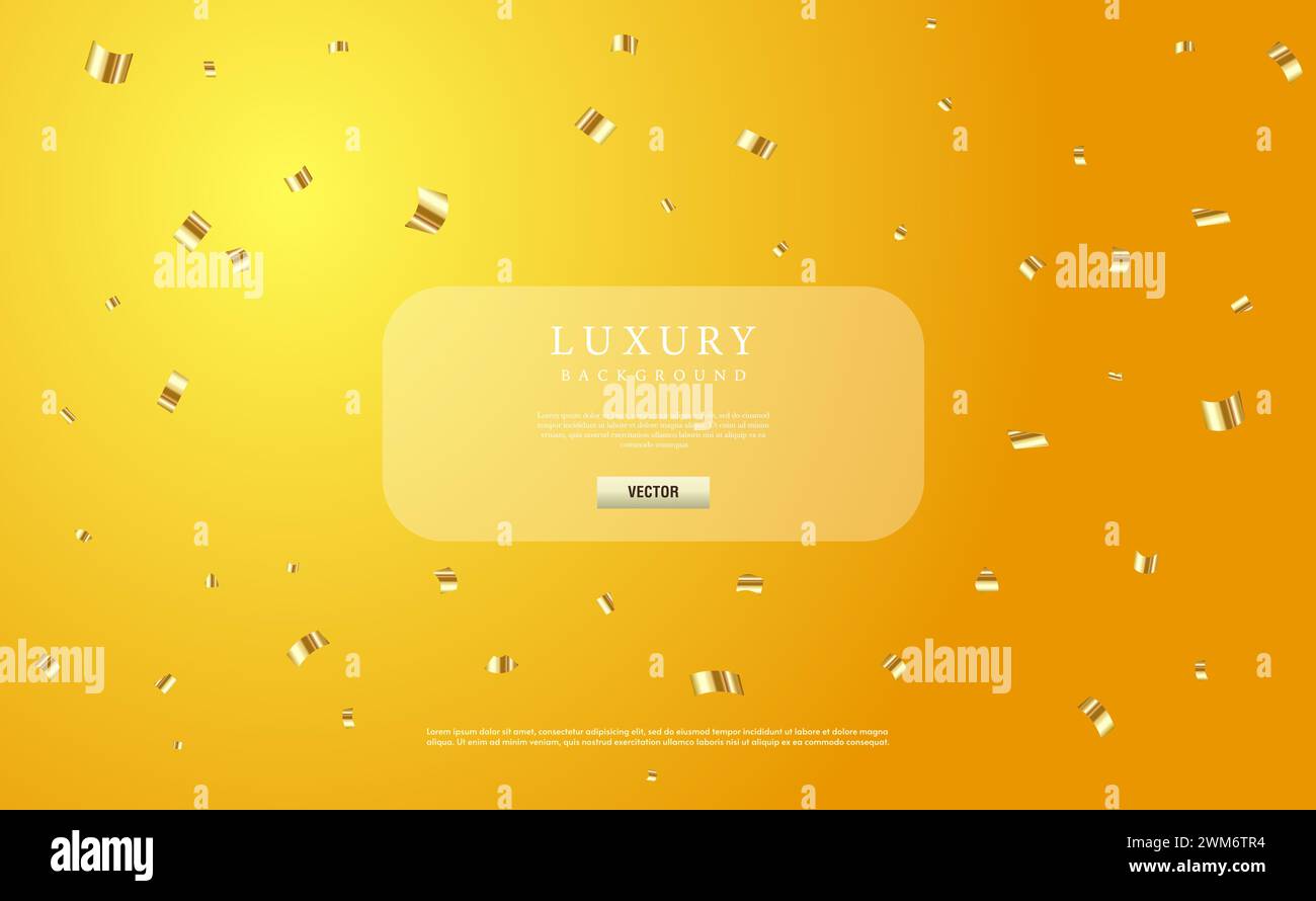 Holiday yellow background with gold confetti. Abstract vector poster or ...