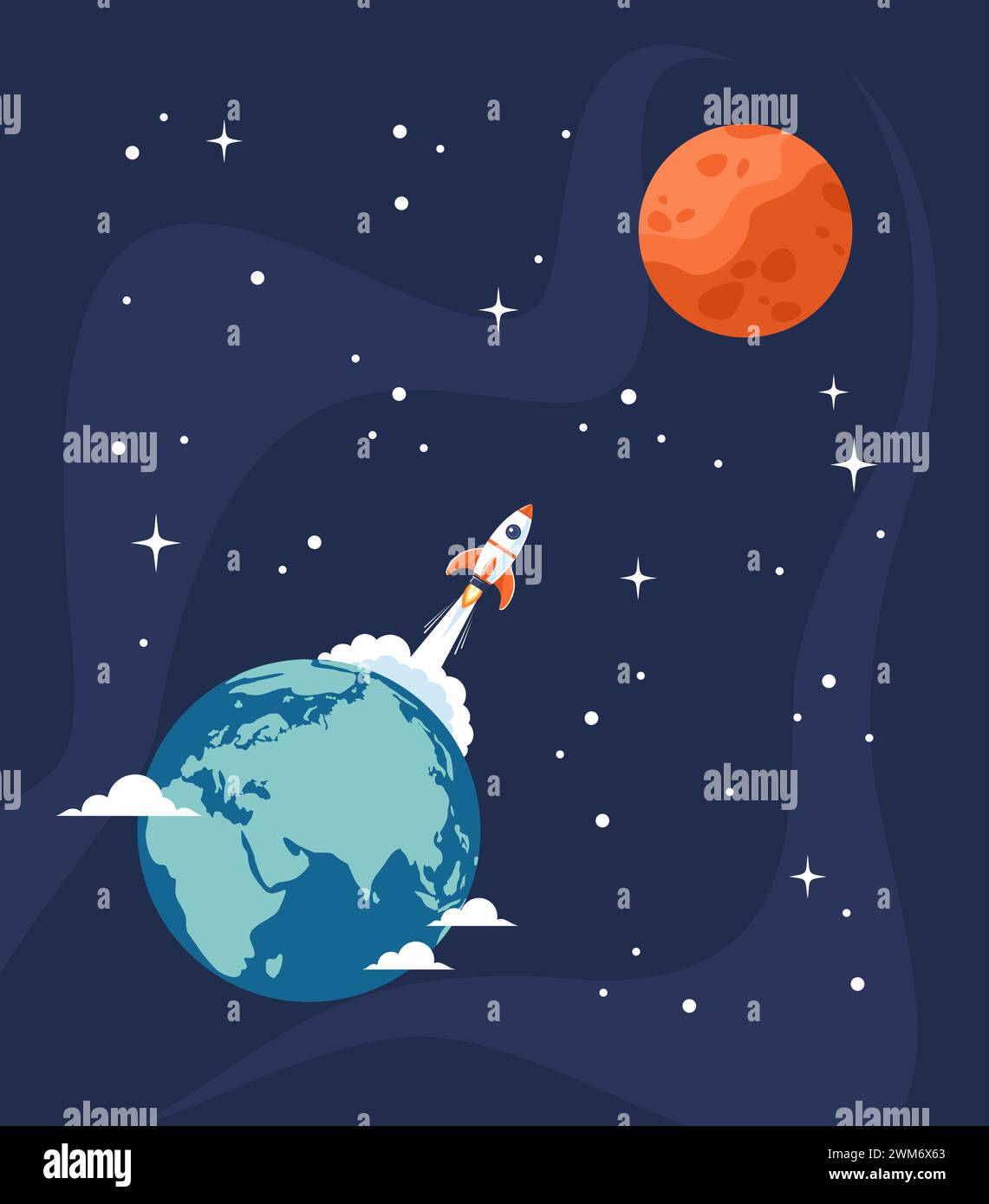 Space rocket launch from Earth to Mars, flat vector illustration Stock ...