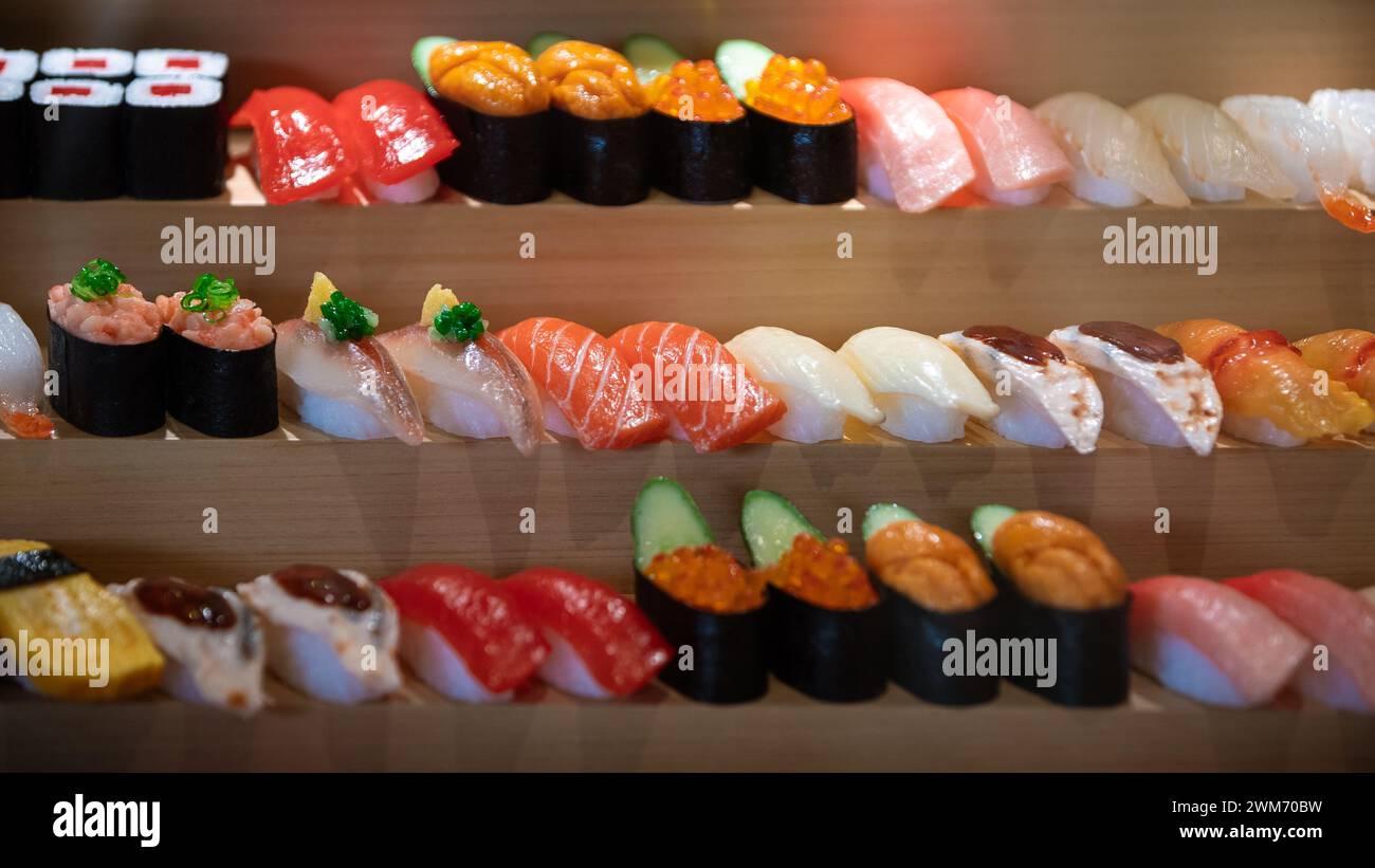 A captivating display of artificial sushi, skillfully rendered as ...