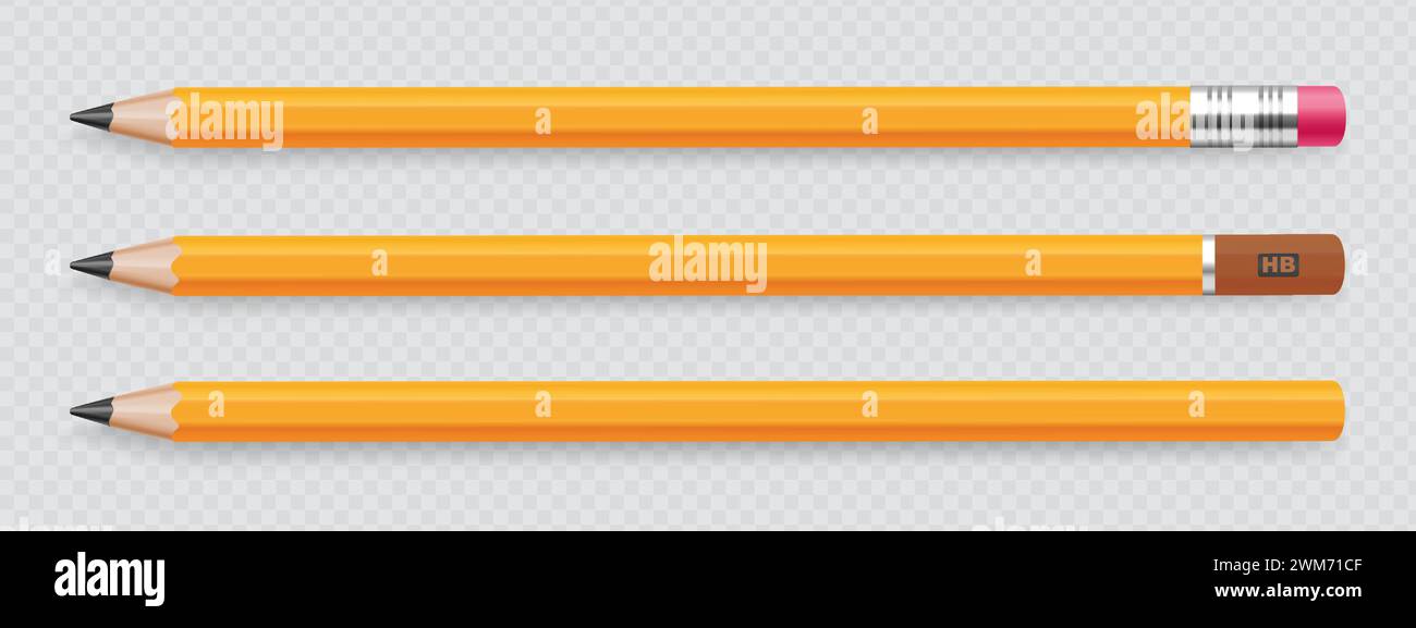 Realistic pencil collection with shadow. Set of yellow pencils ...