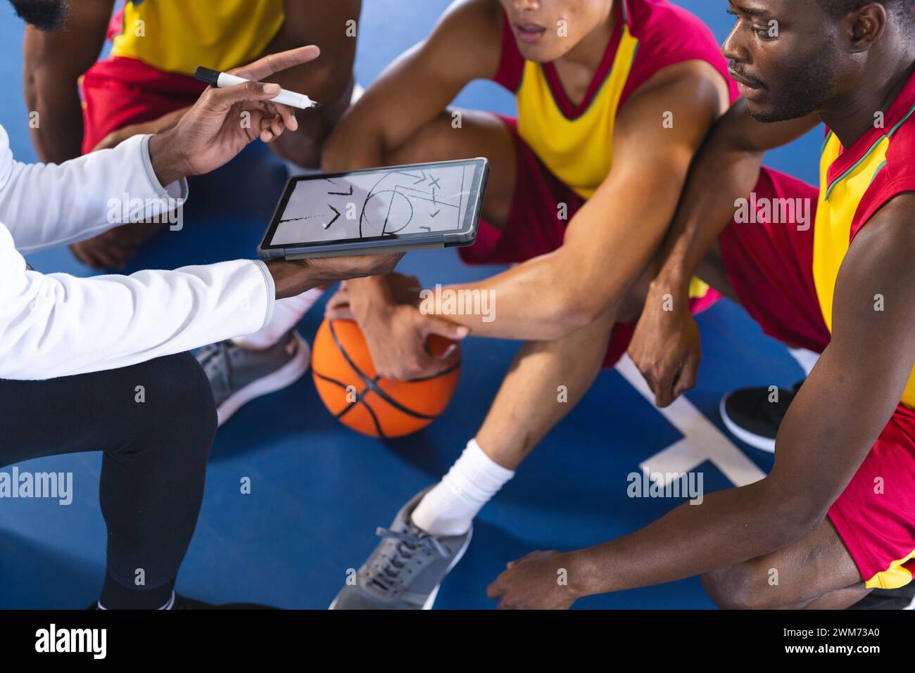 African American men review basketball strategy on a digital tablet ...