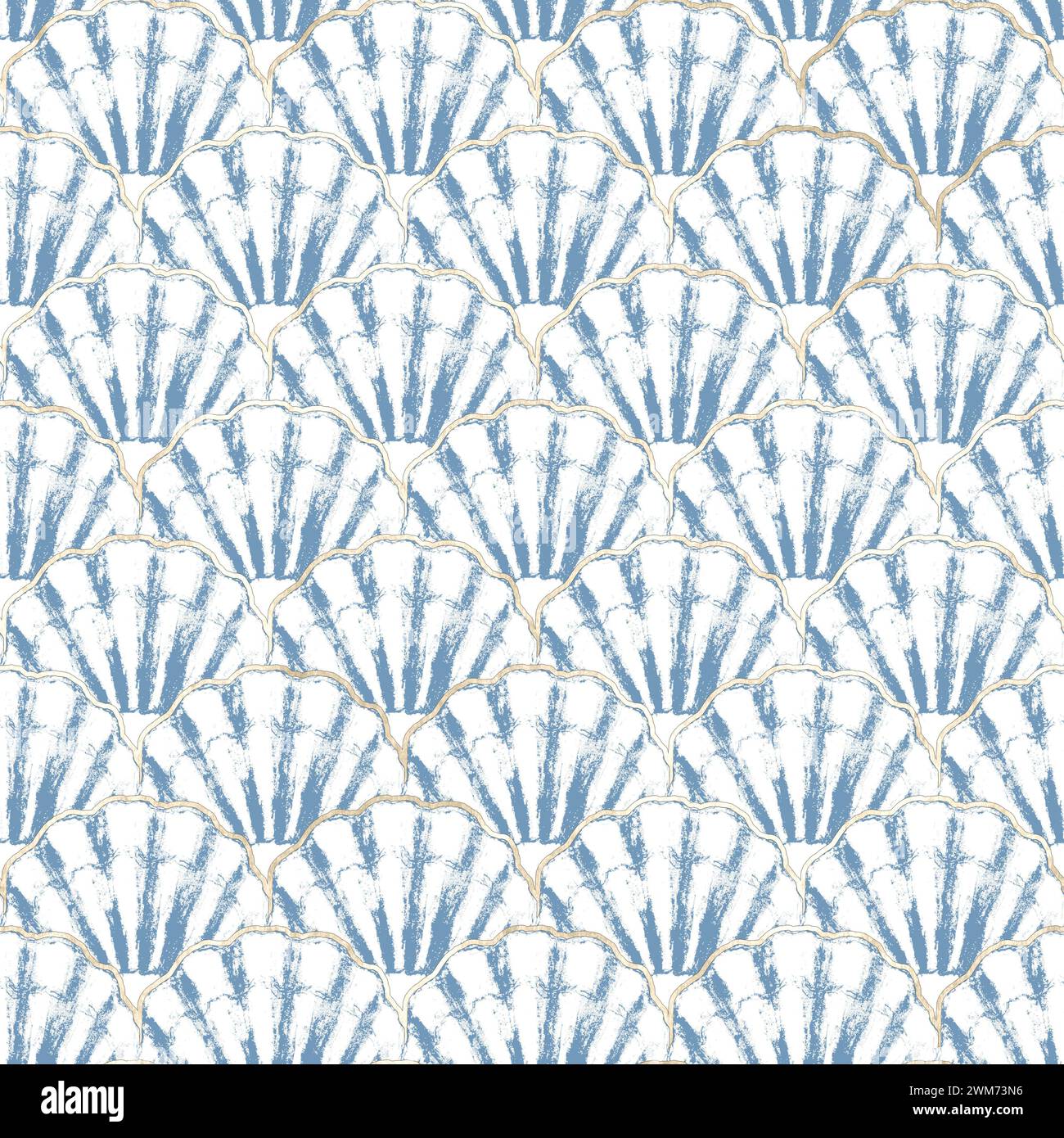 Watercolor sea shell japanese waves blue white seamless pattern. Hand ...