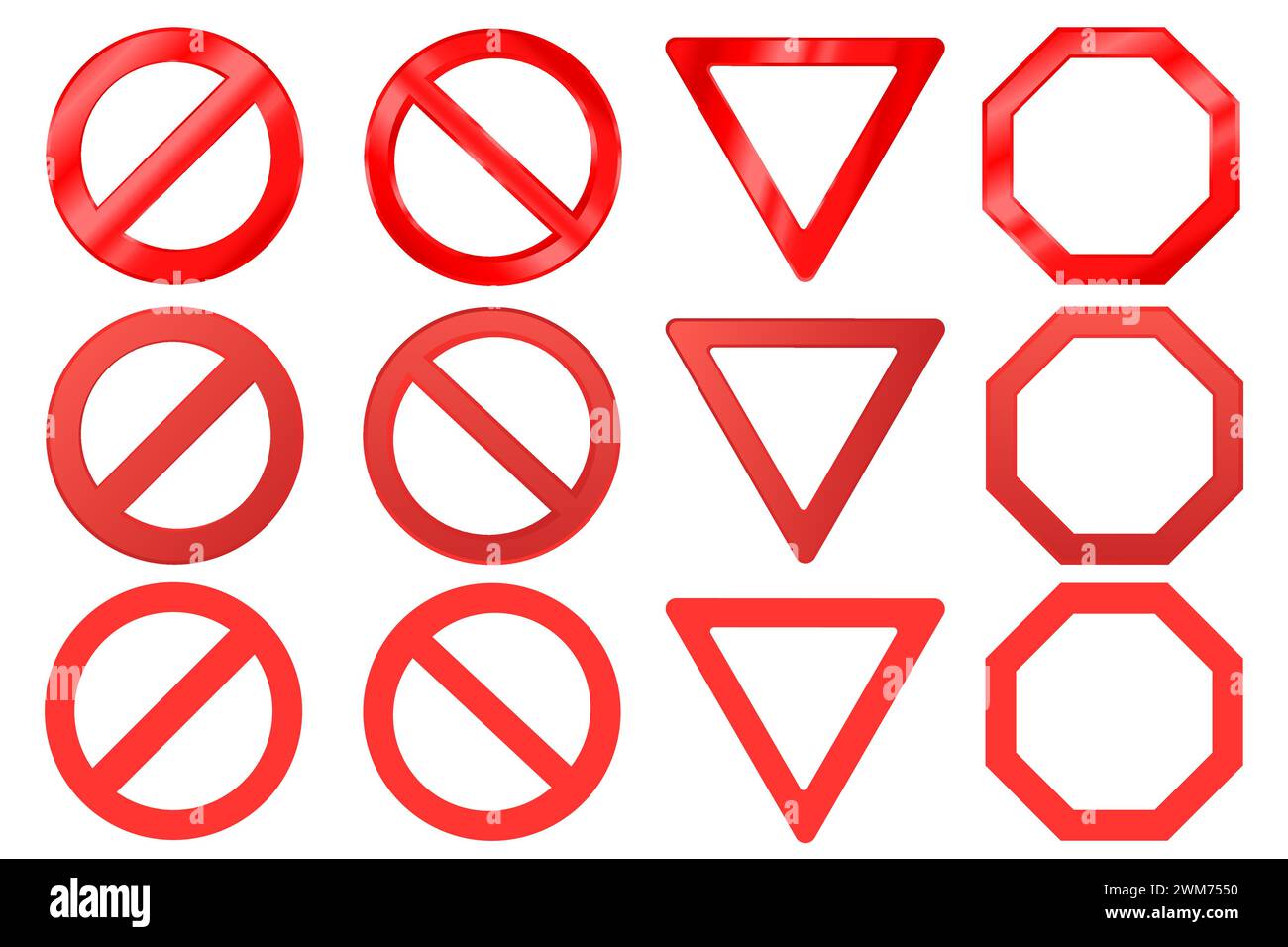 Collection of red warning signs isolated on white background. Modern ...