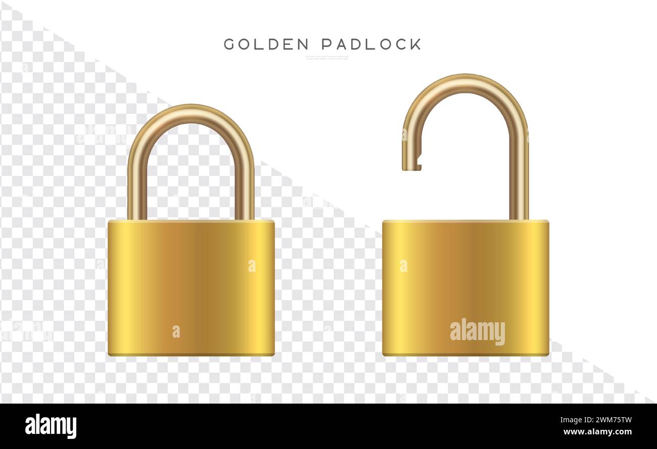 Golden padlock in the open and closed position. Metallic padlocks set ...