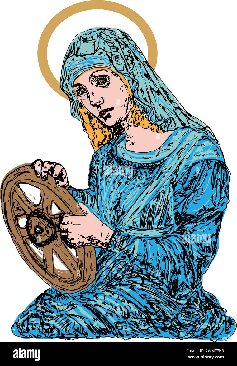 Hand drawn vector illustration icon of saint Catherine holding a wheel ...