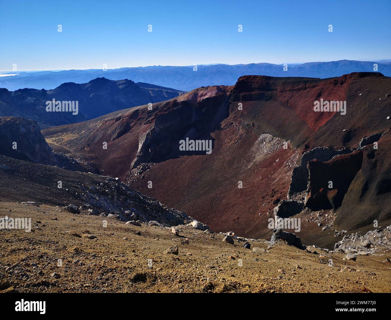 A Red and brown mountains with small rocks in valleys below: Tongariro ...