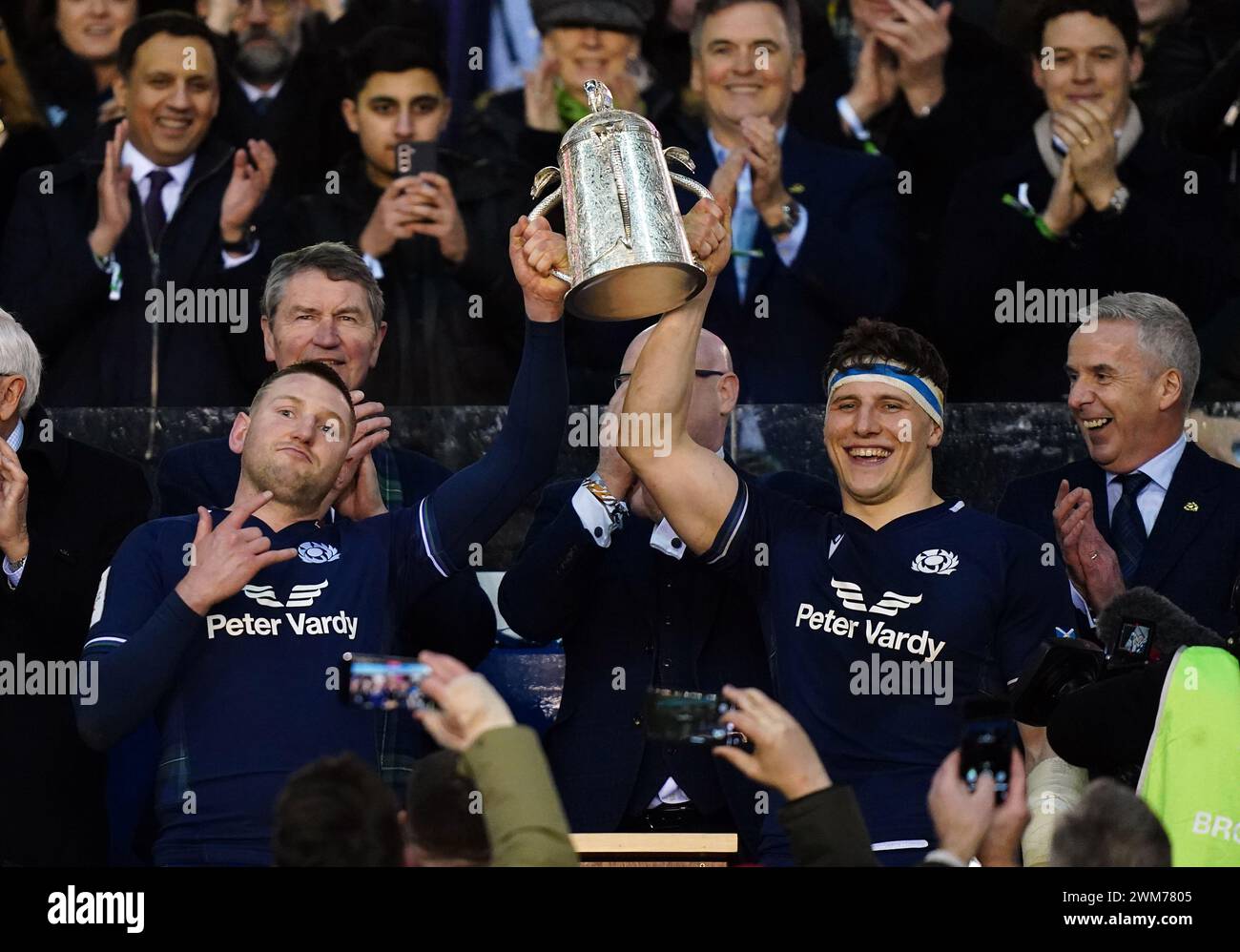 Scotland's Finn Russell and Rory Darge (right) lift the Calcutta Cup ...
