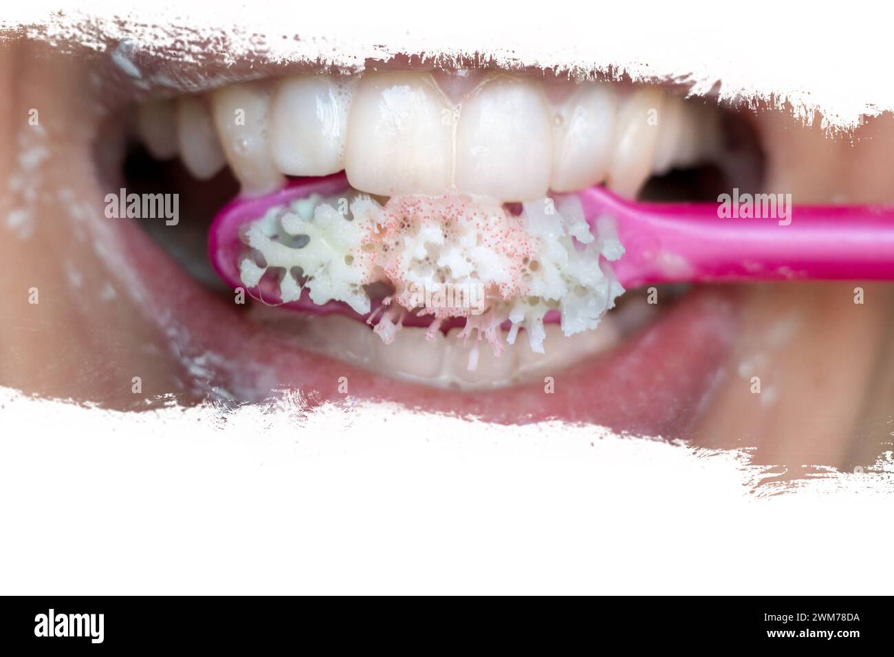 Girl's mouth, toothpaste and toothbrush in mouth on white background ...