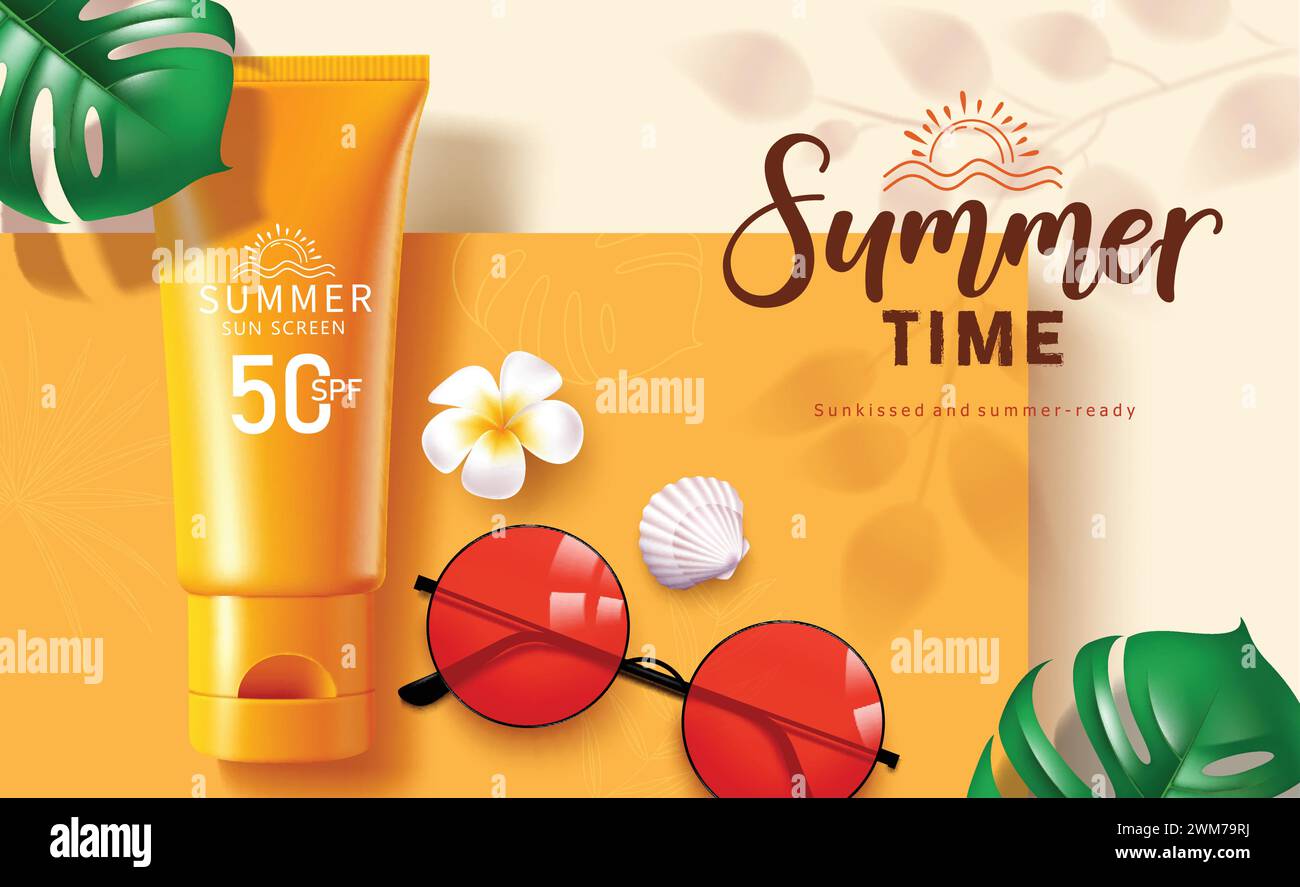 Summer time sunscreen vector design. Summer time greeting text with ...