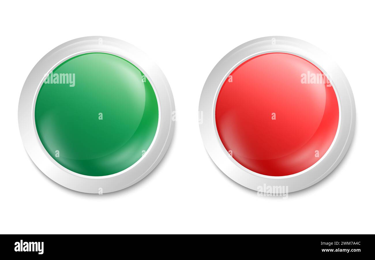 Red and green shiny 3d buttons. Round glass web icons with frame ...