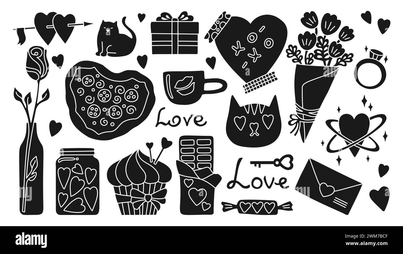 Valentines Day set with gift and other romantic elements, engraving ...