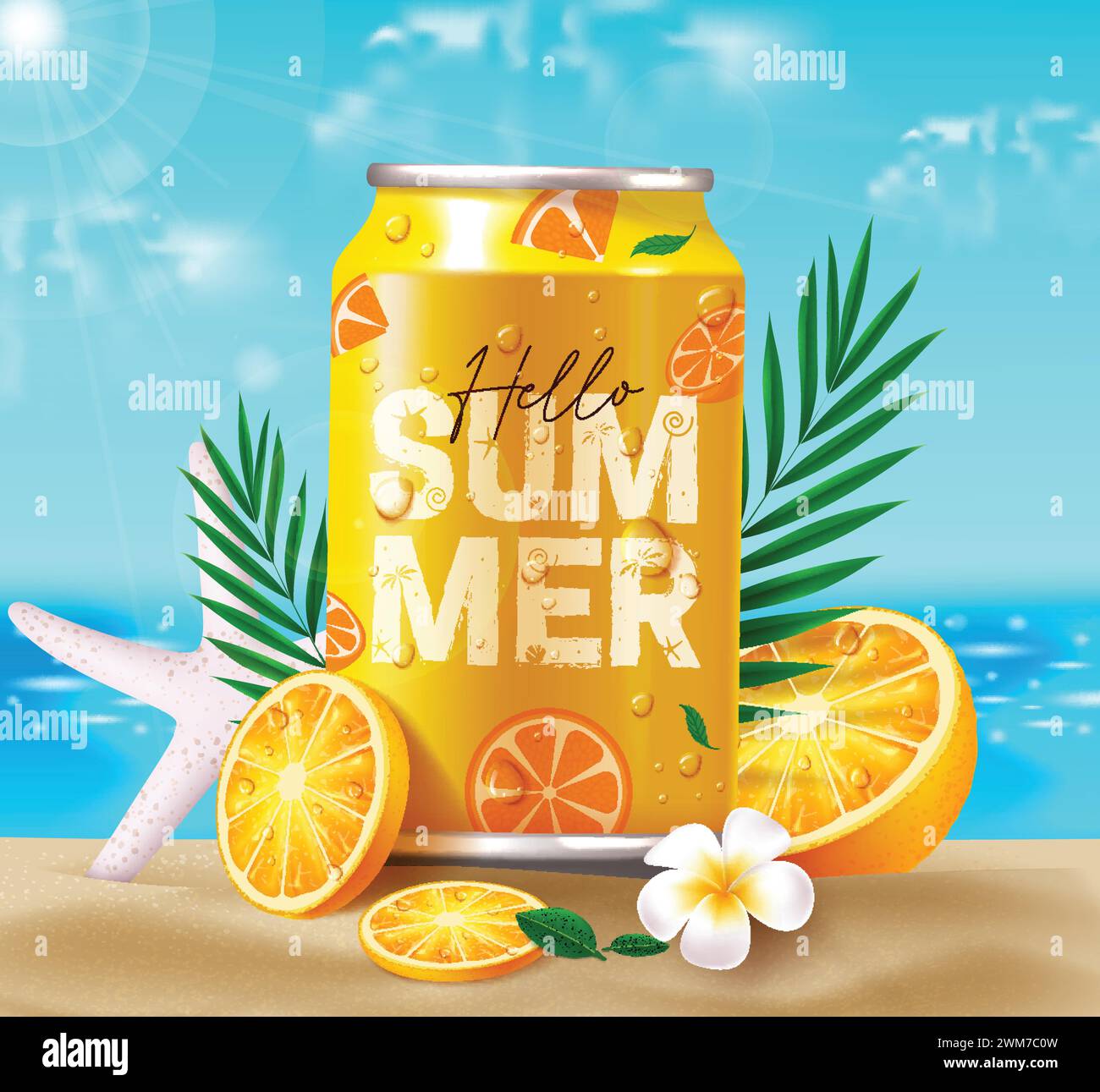 Summer soda vector design. Hello summer text in cola drink with slice ...