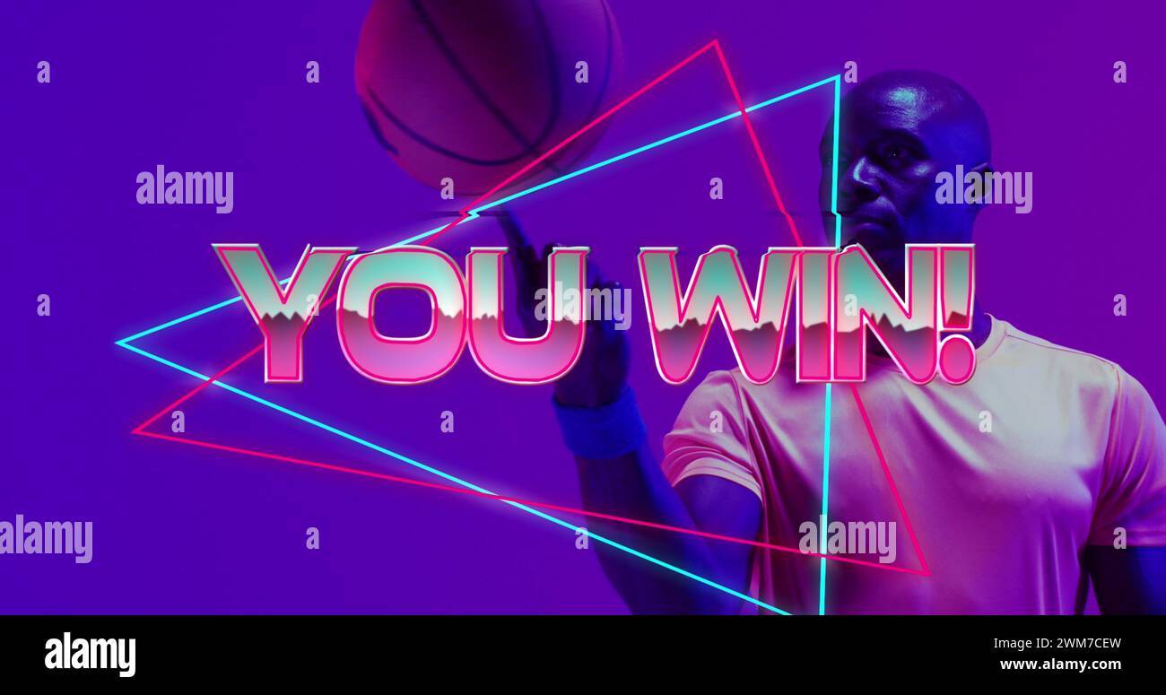 Image of you win text over neon pattern and african american basketball ...