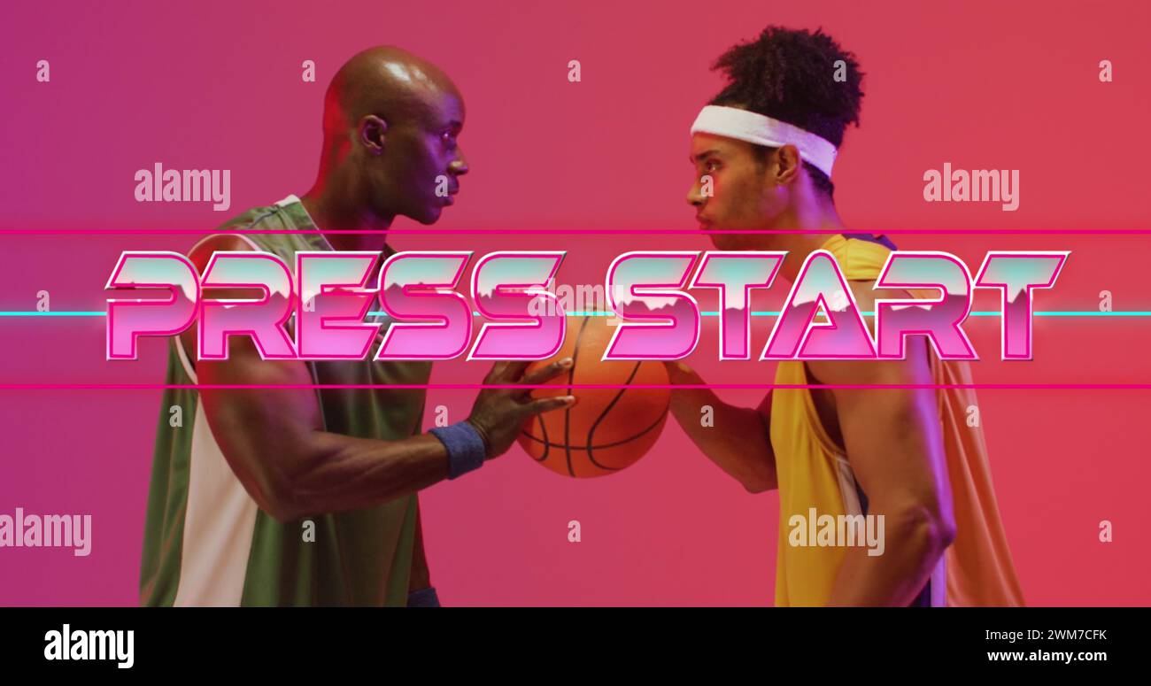 Image of press start text over neon pattern and diverse basketball ...