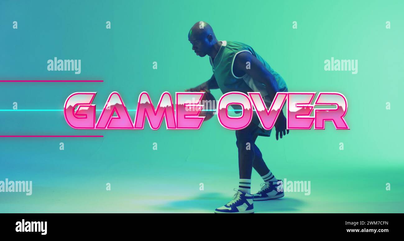 Image of game over text over neon pattern and african american ...