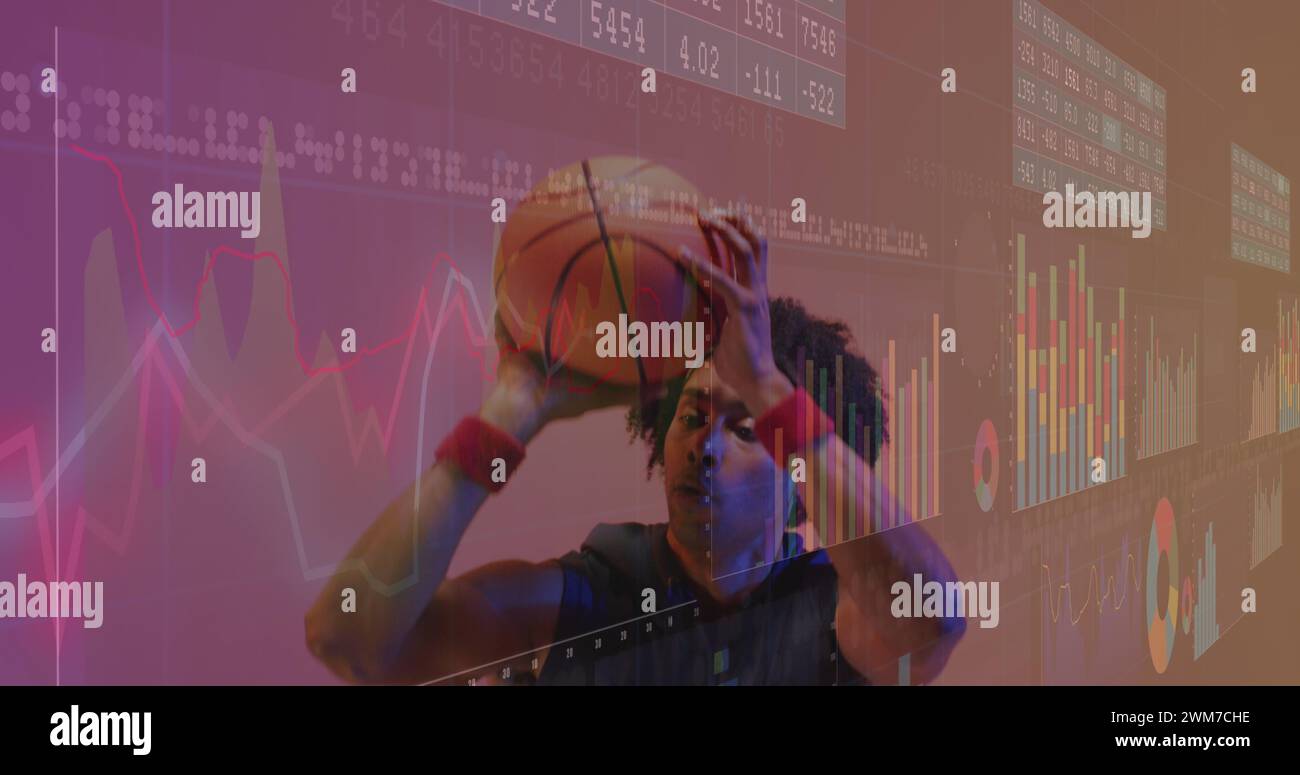 Image of statistics and data processing over biracial basketball player ...