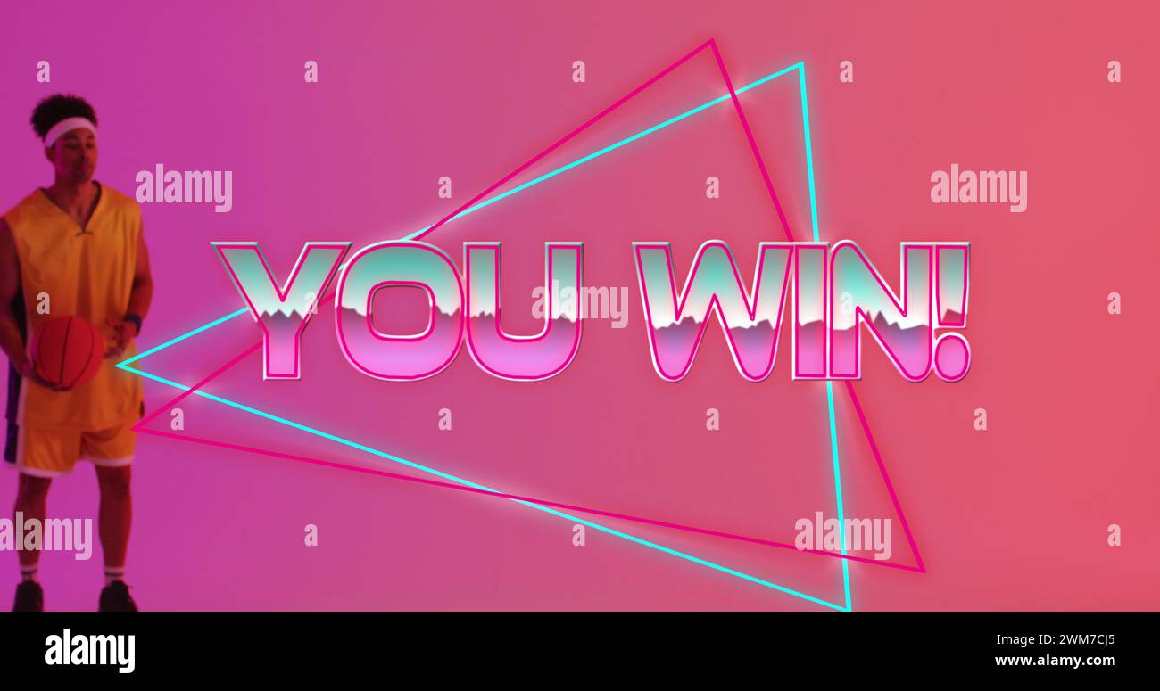 Image of you win text over neon pattern and biracial basketball player ...