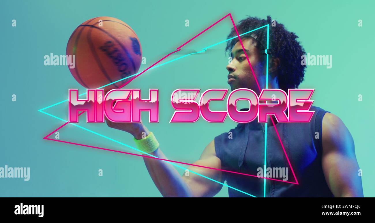Image of high score text over neon pattern and biracial basketball ...