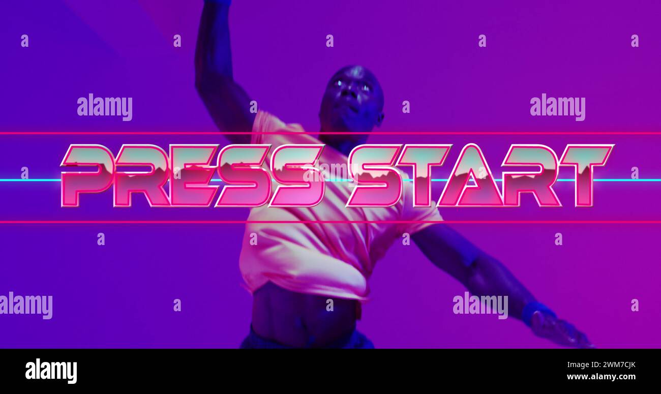 Image of press start text over neon pattern and african american ...