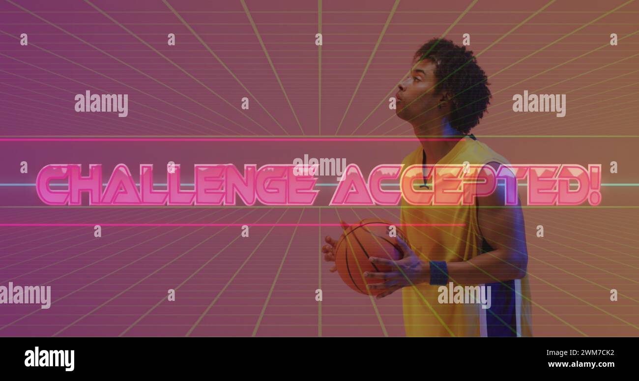 Image of challenge accepted text over neon pattern and biracial ...