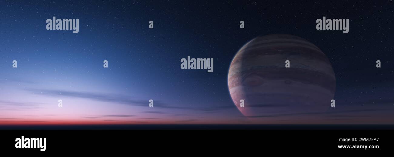 Sci-fi Colorful Cloudscape Sky Background with Jupiter planet. 3d ...