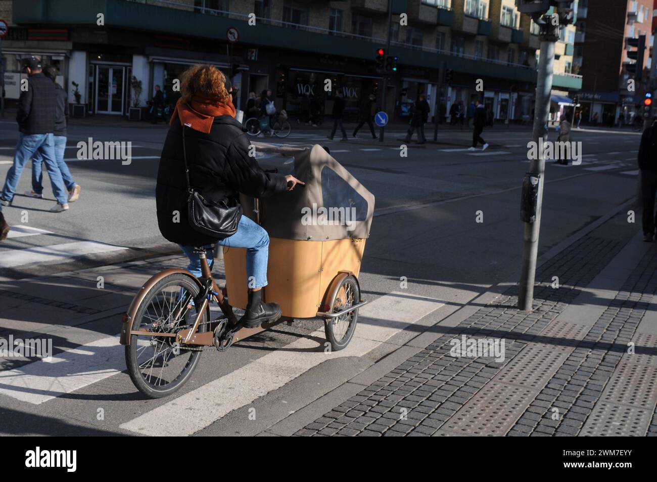 Copenhagen, Denmark /24 February 2024/.Person rides threen wheel bike ...
