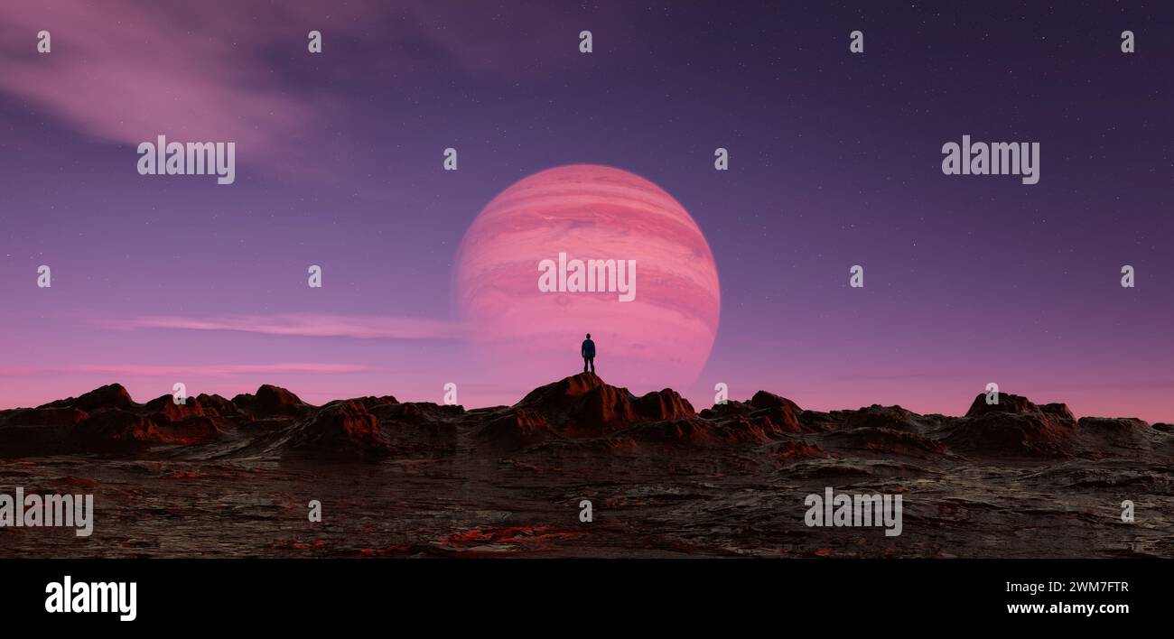 Sci-fi Scene of Man Standing on Rocky Terrain with Background Jupiter ...
