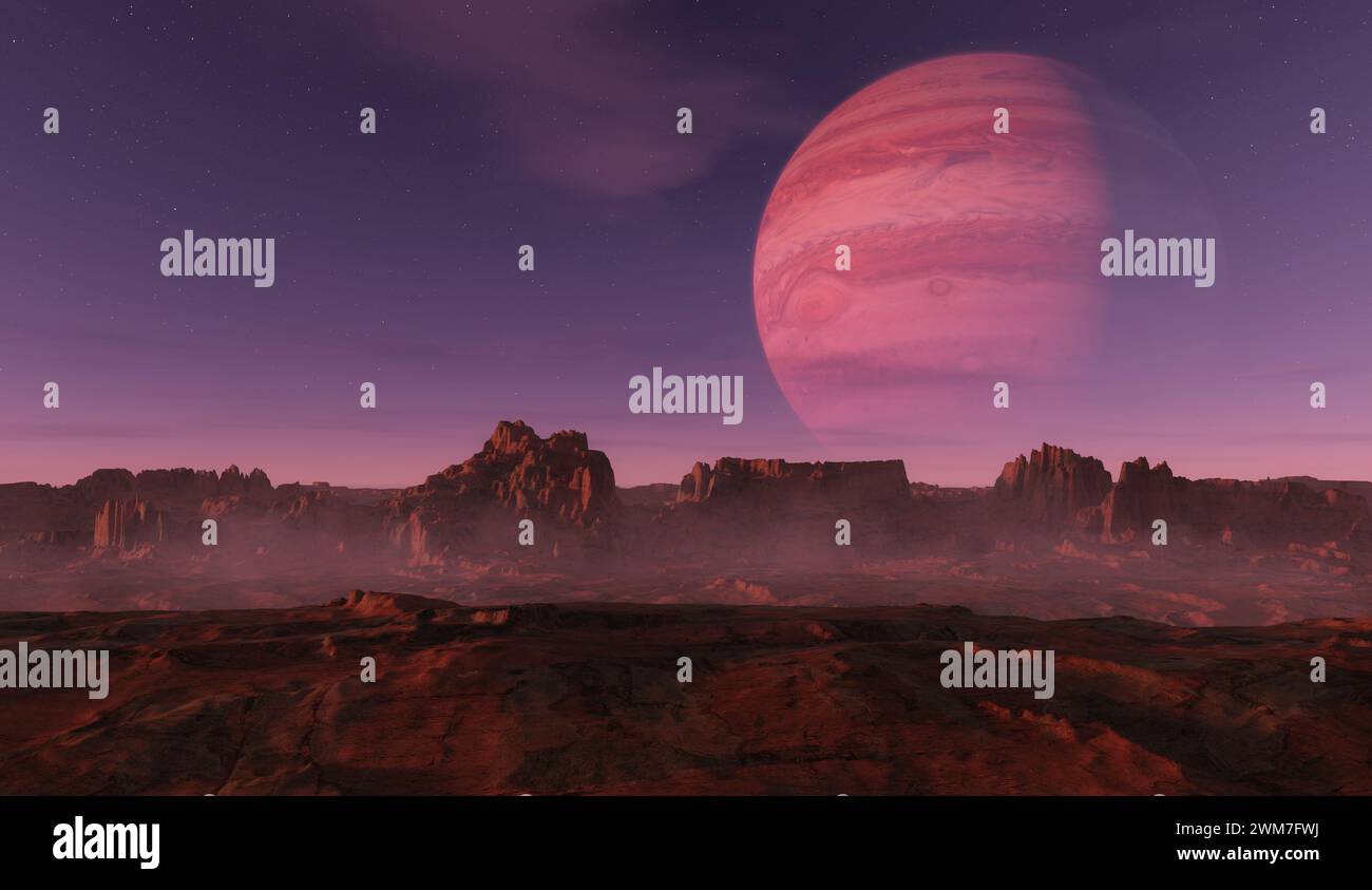 Sci-fi Scene of Alien Planet Rocky Terrain with Background Jupiter ...