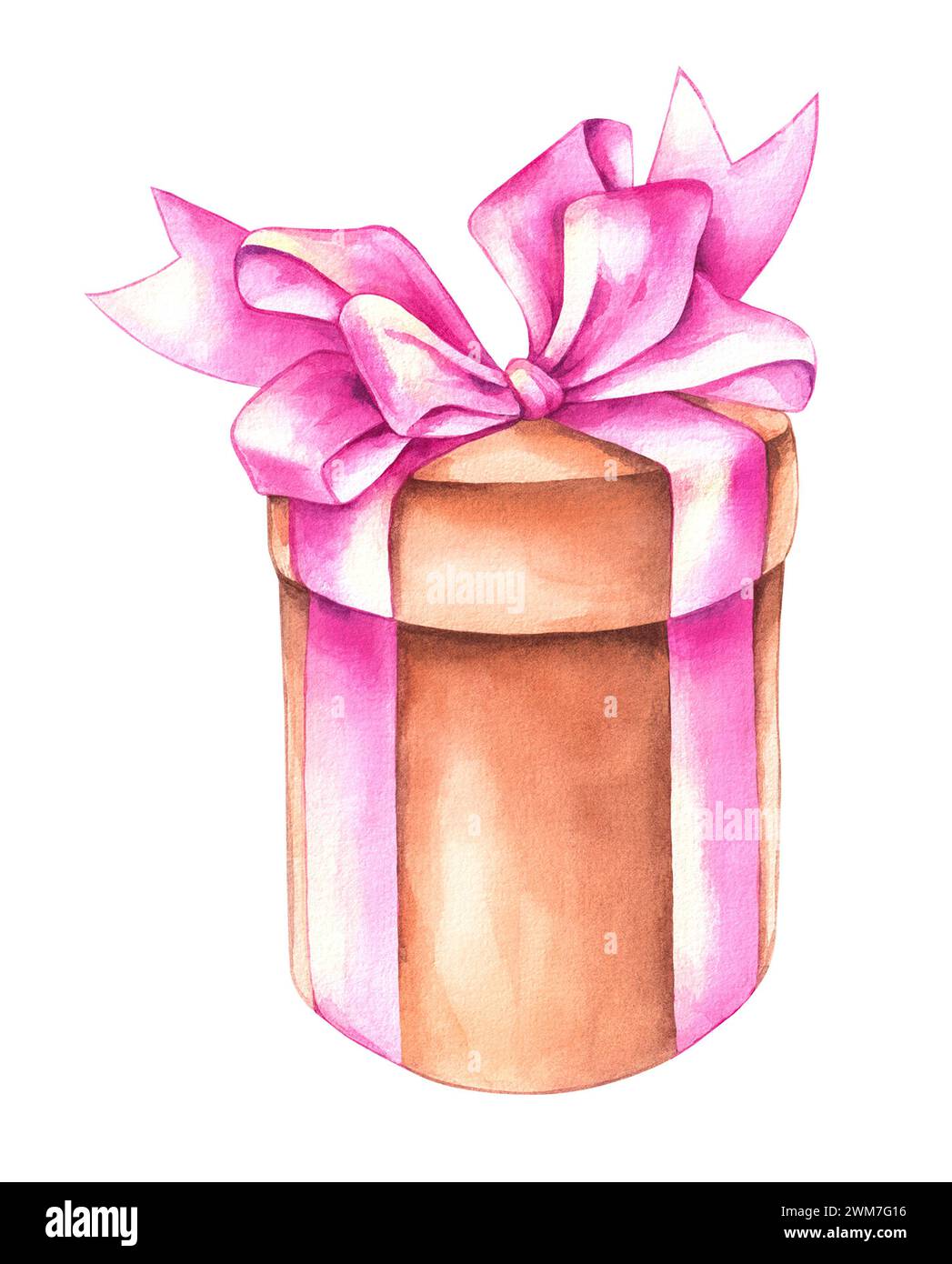 Watercolor gift with pink bow. Cylindrical hat box craft bow pink ...