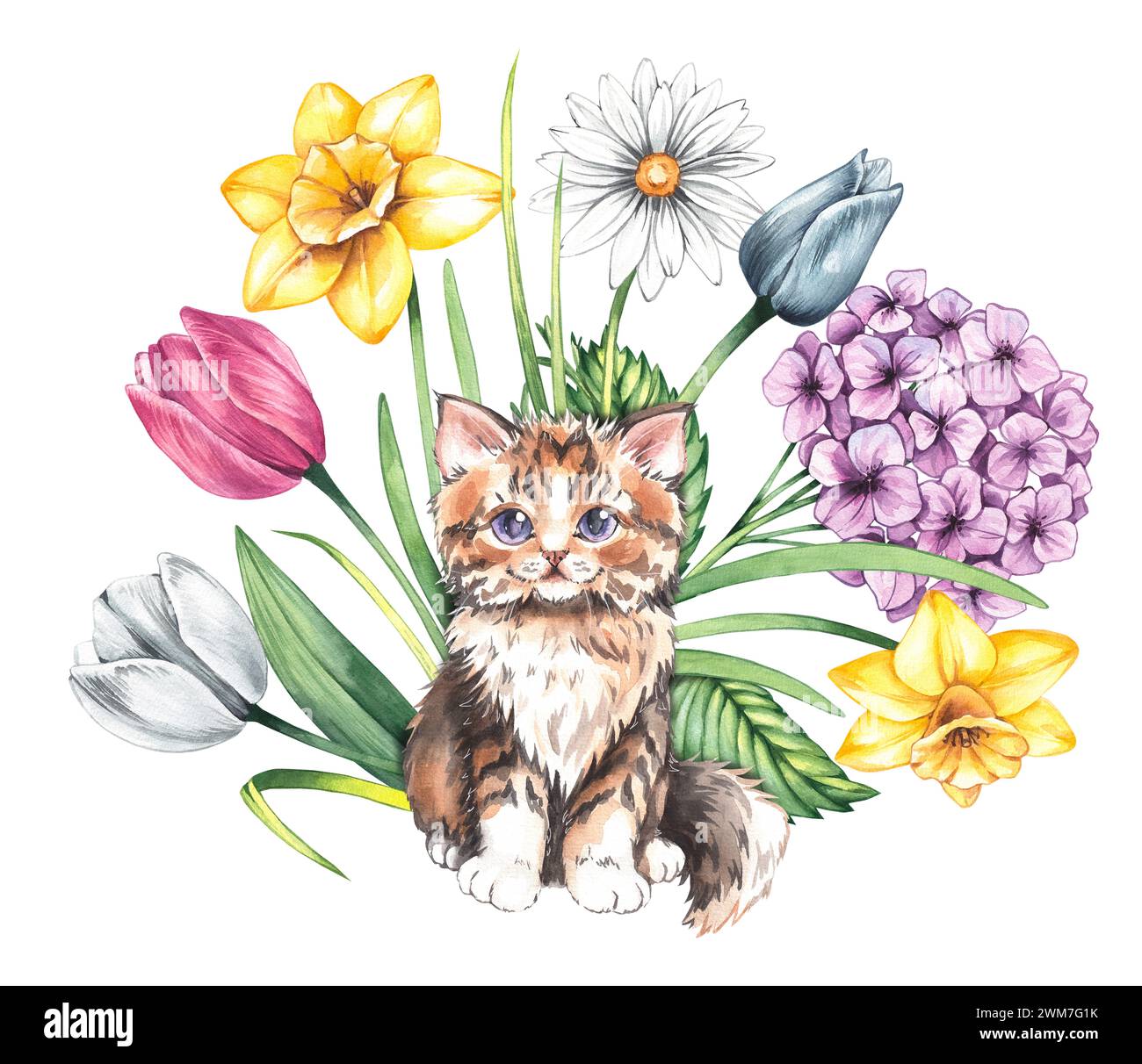 Watercolor cute kitten in spring flowers. Isolated kitten with a flower ...