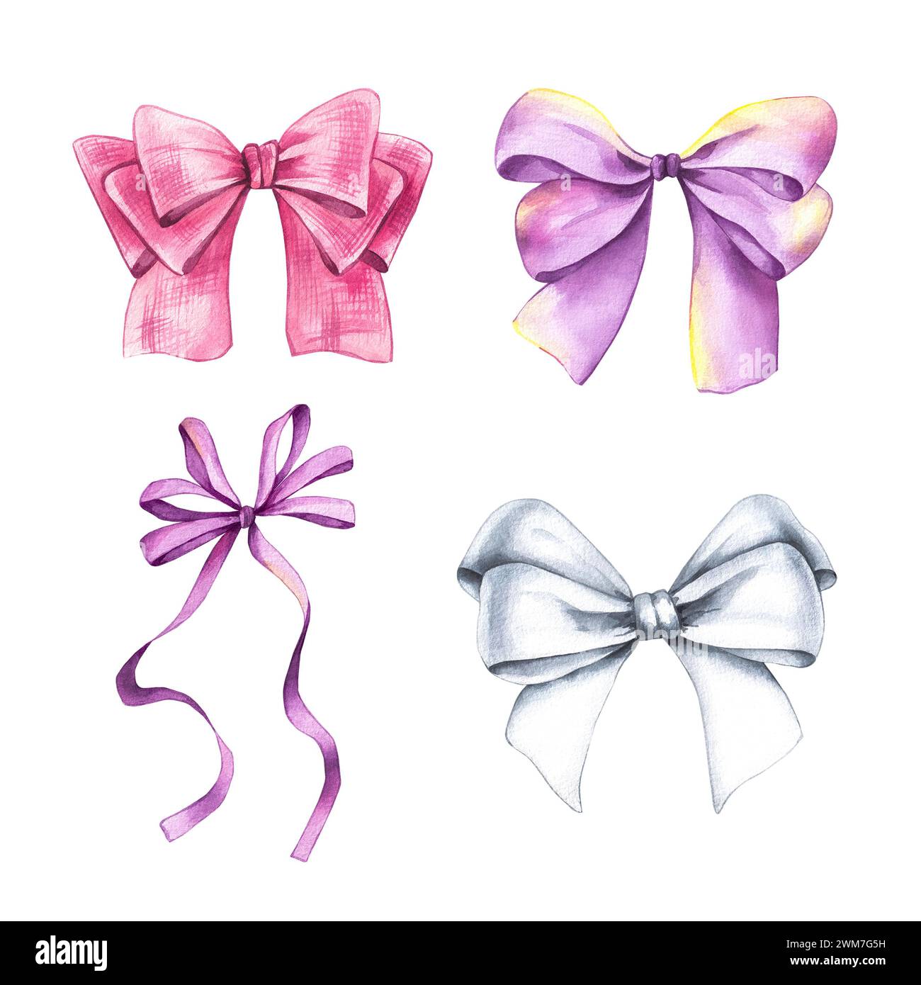 Watercolor set of ribbon bows. Hand drawn bows isolated on white for ...