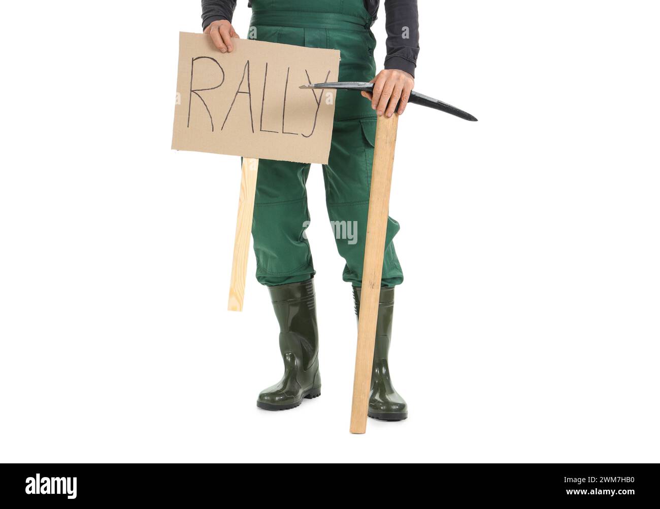 Protesting miner man with placard and pick axe on white background ...