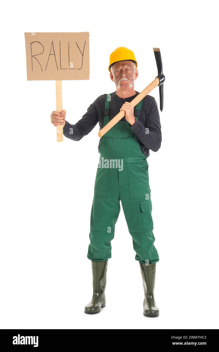 Protesting miner man with placard and pick axe on white background ...
