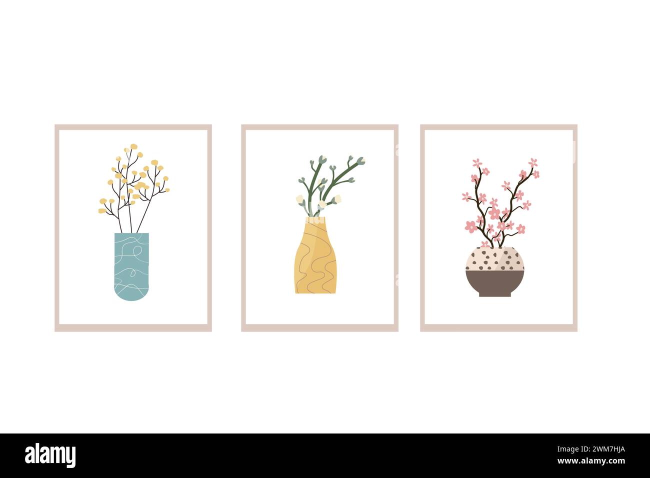 Spring branch in decorative vases - set of posters in flat style ...